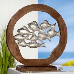Tierfigur Gilde "Fischschwarm", silber (naturfarben, silberfarben), B:45cm H:45cm T:13cm, Aluminium, Holzwerkstoff, Dekofiguren