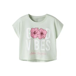 Kurzarmshirt name it "NKFVILMA CAPSL CROP TOP F1 NOOS", M&auml;dchen, Gr. 116, pale aqua print:good vibes, Jersey, Obermaterial: 100% Baumwolle, bedruckt, normal normal, Rundhals, Shirts, Baumwolle, regular fit