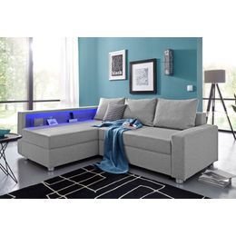 Ecksofa Collection AB "Relax L-Form, B: 223 cm", grau (hellgrau), B:223cm H:84cm T:91cm, Zierkissen: 100%Polyester;Struktur (100% Polyester);Microfaser PRIMABELLE (100% Polyester);Kunstleder SOFTLUX / Struktur (80% Polyester, 20% Acryl);Microfaser PRIMABELLE (100% Polyester) / Struktur (80% Polyester, 20% Acryl), Sofas, Ecksofa, Bettfunktion, Bettkasten, Regalelement & 1 Zierkissen, optional Licht