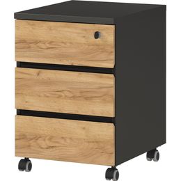 Rollcontainer Germania "GW-Lissabon Rollcontainer", braun (graphit, navarra, eiche, nachbildung), B:41cm H:60cm T:50cm, Holzwerkstoff, Rollwagen, Rollcontainer, Selbsteinzug der Schubladen