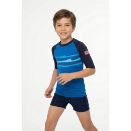 T-Shirt Trollkids "KIDS HAUKLAND T", M&auml;dchen, Gr. 104, navy, glow blau, Obermaterial: 92% Polyester, 8% Elasthan, Shirts T-Shirt, k&ouml;rpernaher Schnitt, kurze &Auml;rmel, mit Lichtschutzfaktor 50+