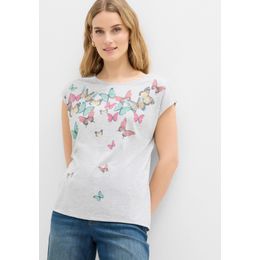 T-Shirt bonprix, Damen, Gr. 44/46 (L), grau (grau meliert), Obermaterial: 65% Polyester, 35% Viskose, slim fit, Shirts T-Shirt, Slim fit Passform, Kurzarm mit kleinen Fl&uuml;gel&auml;rmeln