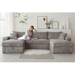 Wohnlandschaft OTTO HOME "Cosy U-Form, B: 309 cm, Sitzaufbau im Sandwich-Federkern", taupe, B:309cm H:46cm T:162cm, 100%Polyester, Sofas, Wohnlandschaft, 2 Zierkissen, Mega-Sofa, Cord oder Struktur weich, Kaltschaumauflage