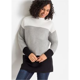 Longpullover bonprix "Gestreifter Long-Pullover", Damen, Gr. 36/38 (S), wei&szlig; (wollwei&szlig;, grau, schwarz gestreift), Rippstrick, Obermaterial: 50% Baumwolle, 50% Polyacryl, gestreift, oversize ca. Mitte Oberschenkel, hoch geschlossener Ausschnitt, Strickkante, Pullover Longpullover, Rippstrick mit Baumwollanteil, mit dezentem Stehkragen, colorblocking