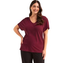 sheego Damen V-Shirt mit Raffungen an der Schulternaht bordeaux Gr&ouml;&szlig;e 52/54