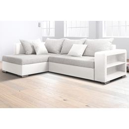 Ecksofa Collection AB "John L-Form, B: 226 cm", wei&szlig; (wei&szlig;, natur), B:226cm H:80cm T:160cm, Sofas, Ecksofa, Bettfunktion, Bettkasten, Regalelement & 2 Zierkissen