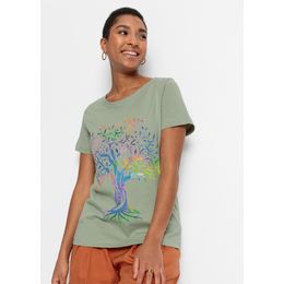 T-Shirt bonprix "Bedrucktes T-Shirt aus Baumwolle", Damen, Gr. 40/42 (M), gr&uuml;n (seegras bedruckt), Obermaterial: 100% Baumwolle, loose fit, Shirts T-Shirt, Loose Fit, Kurzarm-Design, aus Baumwolle, mit farbenfrohem Print