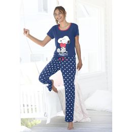 Pyjama PEANUTS, Damen, Gr. 32/34, blau (blau, gepunktet), Single Jersey, Obermaterial: 100% Baumwolle, bedruckt, gepunktet, Basic, bequem lang, Rundhals, eingesetzt, Homewear-Sets Pyjama, mit Snoopy-Druck und P&uuml;nktchen-Hose
