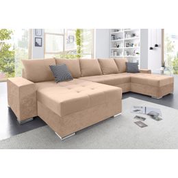 Wohnlandschaft Collection AB "Josy XXL U-Form, B: 333 cm, mit 2 Recamieren 77 & 97 cm", hellbraun, B:333cm H:84cm T:161cm, 100% Polyester, Sofas, Wohnlandschaft, Bettfunktion, Bettkasten & 2 Zierkissen, Federkern