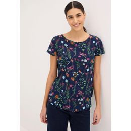 Shirtbluse bonprix, Damen, Gr. 50, mitternachtsblau gebl&uuml;mt, Web, Obermaterial: 100% Polyester, bedruckt, gebl&uuml;mt, regular fit h&uuml;ftbedeckend, Rundhals, Blusen, figurumspielende Passform, abgerundeter, hinten etwas l&auml;ngerer Saum