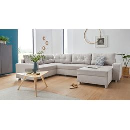 Wohnlandschaft Collection AB "Paris U-Form, B: 310 cm", grau (hellgrau), B:310cm T:212cm, Samtoptik (100% Polyester), Sofas, Wohnlandschaft, 1 Zierkissen & Federkern, optional Bettfunktion & Bettkasten