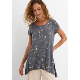 T-Shirt bonprix, Damen, Gr. 40/42 (M), dunkelgrau bedruckt, Jersey, Obermaterial: 95% Viskose, 5% Elasthan, bedruckt, figurumspielend Po-bedeckend, Rundhals, Shirts T-Shirt, leicht ausgestellter Schnitt, verl&auml;ngerte Saumseiten