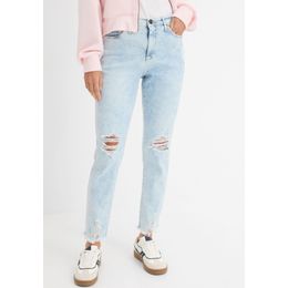 Mom-Jeans bonprix, Damen, Gr. 48, N-Gr, blau used, Denim/Jeans, Obermaterial: 82% Baumwolle, 17% Polyester, 1% Elasthan, regular fit, Jeans, modischer Schnitt, Regular Fit, ausgefranster Saum