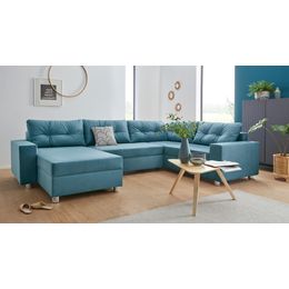 Wohnlandschaft Collection AB "Paris U-Form, B: 310 cm", blau (azur), B:310cm T:212cm, Samtoptik (100% Polyester), Sofas, Wohnlandschaft, 1 Zierkissen & Federkern, optional Bettfunktion & Bettkasten