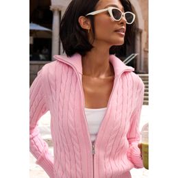Strickjacke Lascana, Damen, Gr. 36/38, ros&eacute;, Strick, Obermaterial: 50% Baumwolle, 50% Polyacryl, unifarben, figurumspielend h&uuml;ftlang, Strickjacken Strickjacke, mit Zopfstrickmuster, gem&uuml;tlicher Cardigan mit Rei&szlig;verschluss