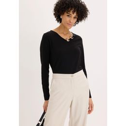 Langarmshirt bonprix, Damen, Gr. 56/58 (XXXL), schwarz, Jersey, Obermaterial: 95% Baumwolle, 5% Elasthan, unifarben, bequem h&uuml;ftbedeckend, V-Ausschnitt, Shirts Langarmshirt, bequeme Passform, Langarm, tolle &Ouml;sen-Details