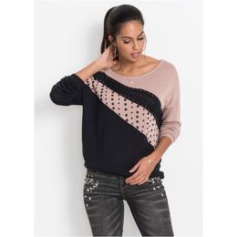Longpullover bonprix "Longpullover mit Applikation", Damen, Gr. 36/38 (S), schwarz (schwarz, ros&eacute;), Feinstrick, Obermaterial: 50% Polyacryl, 50% Viskose, l&auml;ssig geschnitten Po-bedeckend, Rundhals, Strickb&uuml;ndchen, Pullover Longpullover, l&auml;ssig geschnitten, wundersch&ouml;ne Schmucksteinchenapplikation