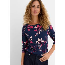 Langarmshirt bonprix, Damen, Gr. 36/38 (S), dunkelblau gebl&uuml;mt, Jersey, Obermaterial: 100% Baumwolle, bedruckt, gebl&uuml;mt, figurumspielend h&uuml;ftlang, Rundhals, Shirts Langarmshirt, figurumspielende Passform, Langarm-Design, f&uuml;r Fr&uuml;hling und Sommer