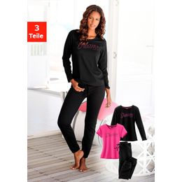 Pyjama Vivance Dreams, Damen, Gr. 40/42, pink (pink, schwarz), Single Jersey, Obermaterial: 100% Baumwolle, unifarben, Basic lang, Rundhals, Homewear-Sets Pyjama, mit Frontschriftzug