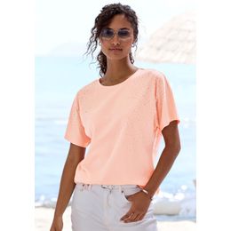 T-Shirt Lascana "mit Strasssteinen", Damen, Gr. 44/46, peach, Single Jersey, Obermaterial: 50% Baumwolle, 50% Viskose (LENZING&trade; ECOVERO&trade;), Glitzermuster, l&auml;ssig geschnitten normal, Rundhals, angeschnitten abgesteppte Kante, Shirts T-Shirt, aus angenehmer Baumwoll-Viskose-Qualit&auml;t