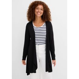 Shirtjacke bonprix "Shirtjacke aus Viskose-Mischung", Damen, Gr. 44/46 (L), schwarz, Obermaterial: 64% Polyester, 32% Viskose, 4% Elasthan, bequem, Shirts Shirtjacke, bequeme Passform, Zipfelsaum, aus Viskose-Mischung, Casual Stil