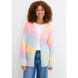 Strickjacke bonprix "Grobstrickjacke aus weichem Woll-Mix", Damen, Gr. 44/46 (L), bunt (hellblau, rosa, gelb, lila), Strick, Obermaterial: 58% Polyacryl, 29% Polyester, 9% Polyamid, 4% Wolle, meliert, oversize Po-bedeckend, V-Ausschnitt, Strickkante, Strickjacken Strickjacke, Oversize-Passform, Multicolour-Optik, offene Form