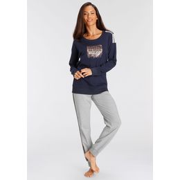 Pyjama Vivance Dreams, Damen, Gr. 32/34, blau (dunkelblau, graumeliert), Single Jersey, Obermaterial: 100% Baumwolle, Basic lang, Rundhals, Homewear-Sets Pyjama, mit kontrastfarbenen Tape Details