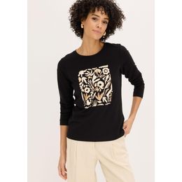 Langarmshirt bonprix, Damen, Gr. 36/38 (S), schwarz, kieselbeige, mokkabraun bedruckt, Jersey, Obermaterial: 95% Baumwolle, 5% Elasthan, bedruckt, unifarben, figurumspielend h&uuml;ftbedeckend, Rundhals, Shirts Langarmshirt, Slim fit, Langarm, Druck mit Pailletten, f&uuml;r Fr&uuml;hling und Sommer