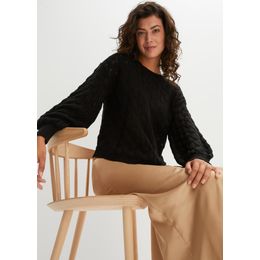 Ajourpullover bonprix "Ajour-Pullover", Damen, Gr. 32/34 (XS), schwarz, Strick, Obermaterial: 100% Polyacryl, unifarben, l&auml;ssig geschnitten h&uuml;ftbedeckend, Rundhals, weit Strickb&uuml;ndchen, Pullover, l&auml;ssige Passform, Ballon&auml;rmel, tolles Ajour-Strickmuster