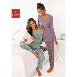 Pyjama Vivance Dreams, Damen, Gr. 36/38, bunt (mint, lila), Single Jersey, Obermaterial: 100% Baumwolle, gemustert, lang, Homewear-Sets Pyjama, mit Sternenprint