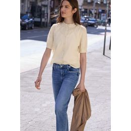 Kurzarmbluse STREET ONE STUDIO, Damen, Gr. 44, stone sand, Web, 100% Baumwolle, unifarben, normal normal, Rundhals, elastischer Bund, Blusen, aus reiner Baumwolle