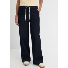Weite Jeans bonprix "Wide Leg Jeans Mid Waist, Stretch", Damen, Gr. 38, N-Gr, blau (dunkelblau denim), Denim/Jeans, Obermaterial: 82% Baumwolle, 17% Polyester, 1% Elasthan, unifarben, loose fit lang, Jeans, Loose Fit Passform, mit elastischem Bund und Tunnelzug