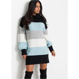Longpullover bonprix "Long-Pullover", Damen, Gr. 56/58 (XXXL), schwarz (schwarz, nebelblau gestreift), Strick, Obermaterial: 75% Polyacryl, 22% Polyester, 3% Elasthan, gestreift, bequem ca. Mitte Oberschenkel, Rundhals, Strickb&uuml;ndchen, Pullover Longpullover, mit Rollkragen, oversized Passform, weite &Auml;rmel mit B&uuml;ndchen