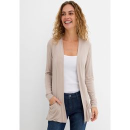 Shirtjacke bonprix, Damen, Gr. 32/34 (XS), naturstein, Jersey, Obermaterial: 95% Viskose, 5% Elasthan, unifarben, figurumspielend Po-bedeckend, V-Ausschnitt, Shirts Shirtjacke, figurumspielende Passform, Viskosemischung, ohne Verschluss