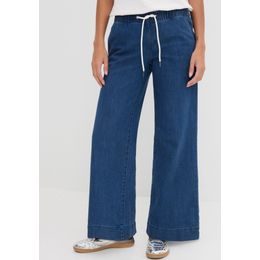 Weite Jeans bonprix "Wide Leg Jeans Mid Waist, Stretch", Damen, Gr. 46, K-Gr, blau denim (l&auml;nge: kurz), Denim/Jeans, Obermaterial: 82% Baumwolle, 17% Polyester, 1% Elasthan, loose fit lang, Jeans, Loose Fit Passform, mit elastischem Bund und Tunnelzug