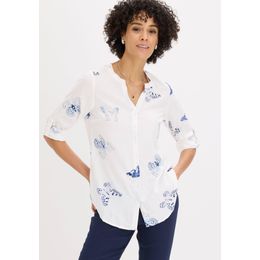 Druckbluse bonprix, Damen, Gr. 38, wei&szlig;, blau bedruckt, Web, Obermaterial: 100% Viskose, bedruckt, figurumspielend Po-bedeckend, V-Ausschnitt, Krempel&auml;rmel,mit Knopf,mit Riegel 1-Knopf-Manschette, Blusen Druckbluse, figurumspielende Tunika-Passform, aus Viskose, Krempel&auml;rmel