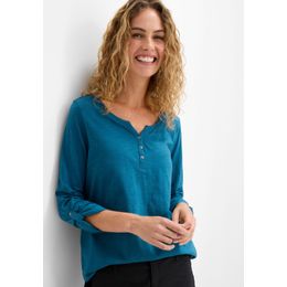 Langarmshirt bonprix, Damen, Gr. 40/42 (M), blaupetrol, Jersey, Obermaterial: 100% Baumwolle, unifarben, gerade Po-bedeckend, Rundhals, Krempel&auml;rmel,mit Knopf,mit Riegel, Shirts Langarmshirt, gerade Passform, Krempel&auml;rmel, Henley-Ausschnitt
