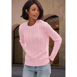 Rundhalspullover Lascana, Damen, Gr. 32/34, ros&eacute;, Strick, Obermaterial: 50% Baumwolle, 50% Polyacryl, unifarben, figurumspielend h&uuml;ftlang, Rundhals, Rippstrickb&uuml;ndchen, Pullover Rundhalspullover, mit Zopfstrickmuster, gem&uuml;tlicher Strickpullover, klassisch