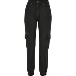 Stoffhose Urban Classics "Urban Classics Damen Ladies Organic Stretch Denim Cargo Pants", Damen, Gr. 28, Normalgr&ouml;&szlig;en, schwarzwashed, 50% Baumwolle (Bio), 48% Baumwolle, 2% Elasthan, unifarben, loose fit, Hosen Stoffhose