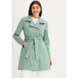 Trenchcoat bonprix, Damen, Gr. 44, rauchgr&uuml;n, Web, Obermaterial: 97% Baumwolle, 3% Elasthan. Futter: 100% Polyester, unifarben, A-Linie ca. Mitte Oberschenkel, angesetztes B&uuml;ndchen, M&auml;ntel, mit abnehmbarem Bindeg&uuml;rtel, 2-Reiher