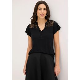 Henleyshirt bonprix "Henleyshirt aus Viskose-Mix", Damen, Gr. 44/46 (L), schwarz, Obermaterial: 95% Viskose, 5% Elasthan. Spitze: 95% Polyester, 5% Elasthan, figurumspielend, Shirts, figurumschmeichelnde Passform, Kurzarm, aus Viskose-Mix mit Elasthan