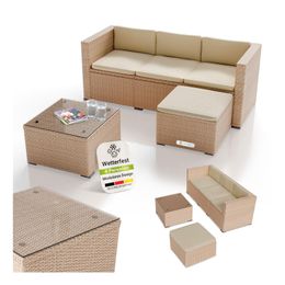 Juskys Polyrattan Lounge Punta Cana M creme, 3-4 Personen &ndash; Sofa, Tisch & Hocker