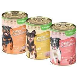18 x 400 g Lecker.Pet&reg; Gino's, Josie's & Luna's Saftige Fleischmahlzeit Hundefutter Nassfutter Mix Vollnahrung - je Sorte 6 Dosen