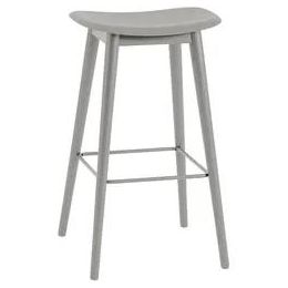 muuto Fiber Barhocker ohne R&uuml;ckenlehne, wood base, h&ouml;he 75 cm, grau / grau