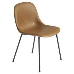 muuto Fiber Side Chair, tube base, refine leder cognac / schwarz