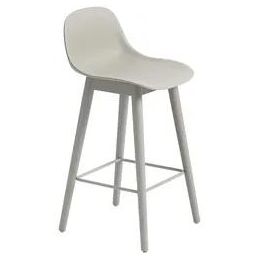 muuto Fiber Barhocker mit R&uuml;ckenlehne, wood base, h&ouml;he 65 cm, grau / grau