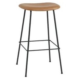muuto Fiber Barhocker ohne R&uuml;ckenlehne, tube base, h&ouml;he 75 cm, refine leder cognac / schwarz
