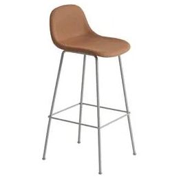muuto Fiber Barhocker mit R&uuml;ckenlehne, tube base, h&ouml;he 75 cm, re-wool 568 / grau