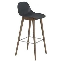 muuto Fiber Barhocker mit R&uuml;ckenlehne, wood base, h&ouml;he 75 cm, schwarz / dunkelbraun gebeizt