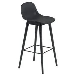 muuto Fiber Barhocker mit R&uuml;ckenlehne, wood base, h&ouml;he 75 cm, schwarz / schwarz